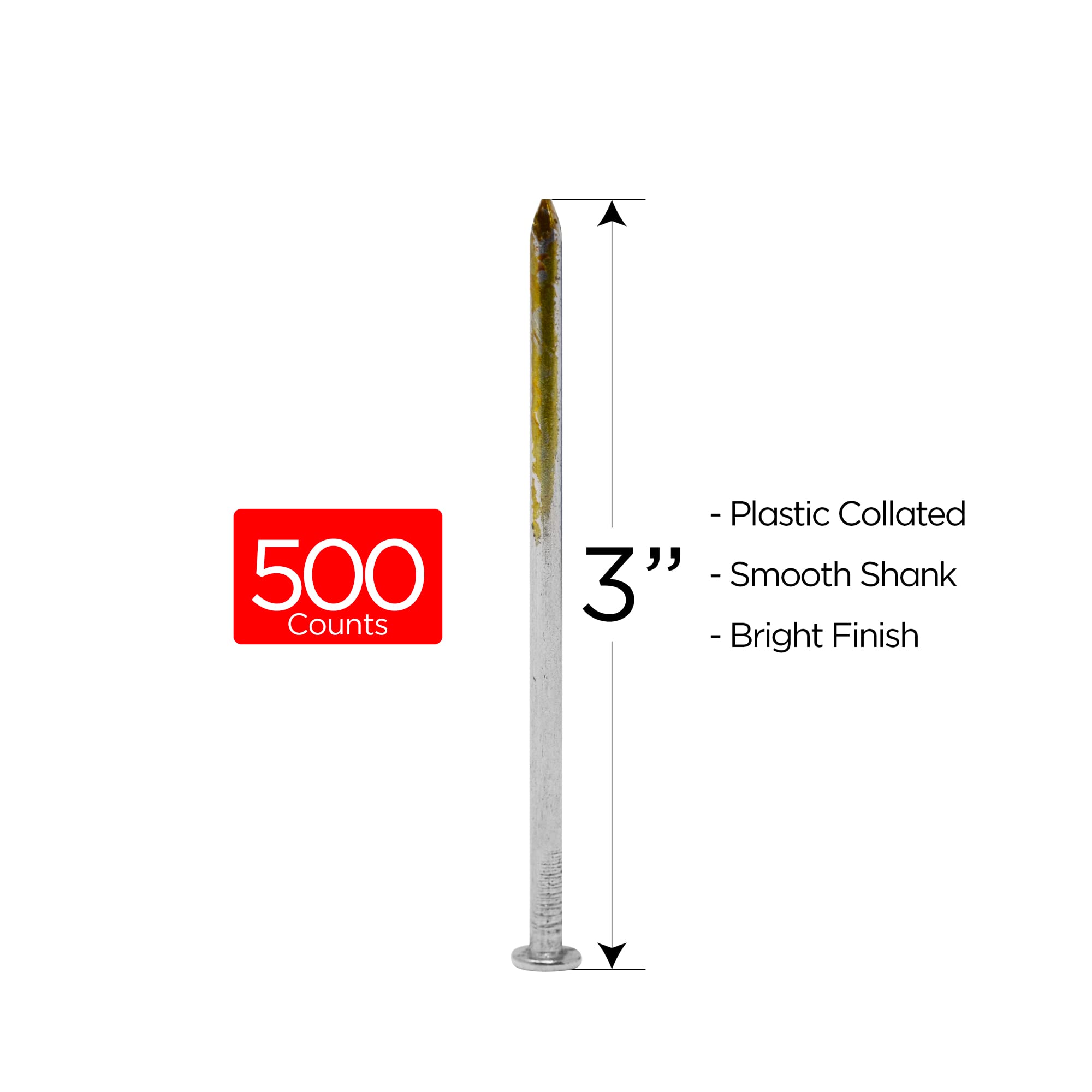 Pro Contractor Fasteners 21 Degree, 3 Inch x .131 Inch Bright, Smooth Shank Plastic Collated Framing Nails, For 20 to 22 Degree Plastic Collation Framing (500 Per Box)