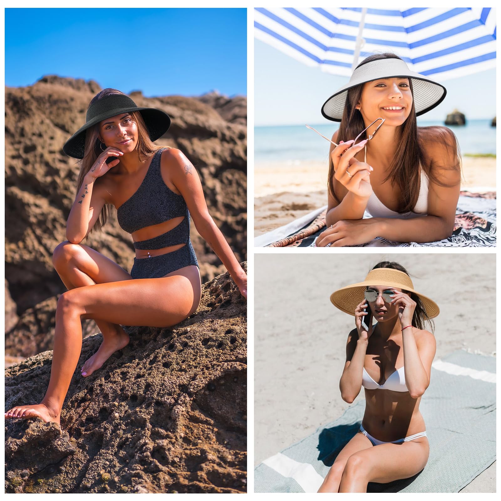 VIFUUR Sun Straw Hats Roll-up Ponytail Wide Brim Summer Visor for Womens Beach Hat Packable UPF UV Travel Brown