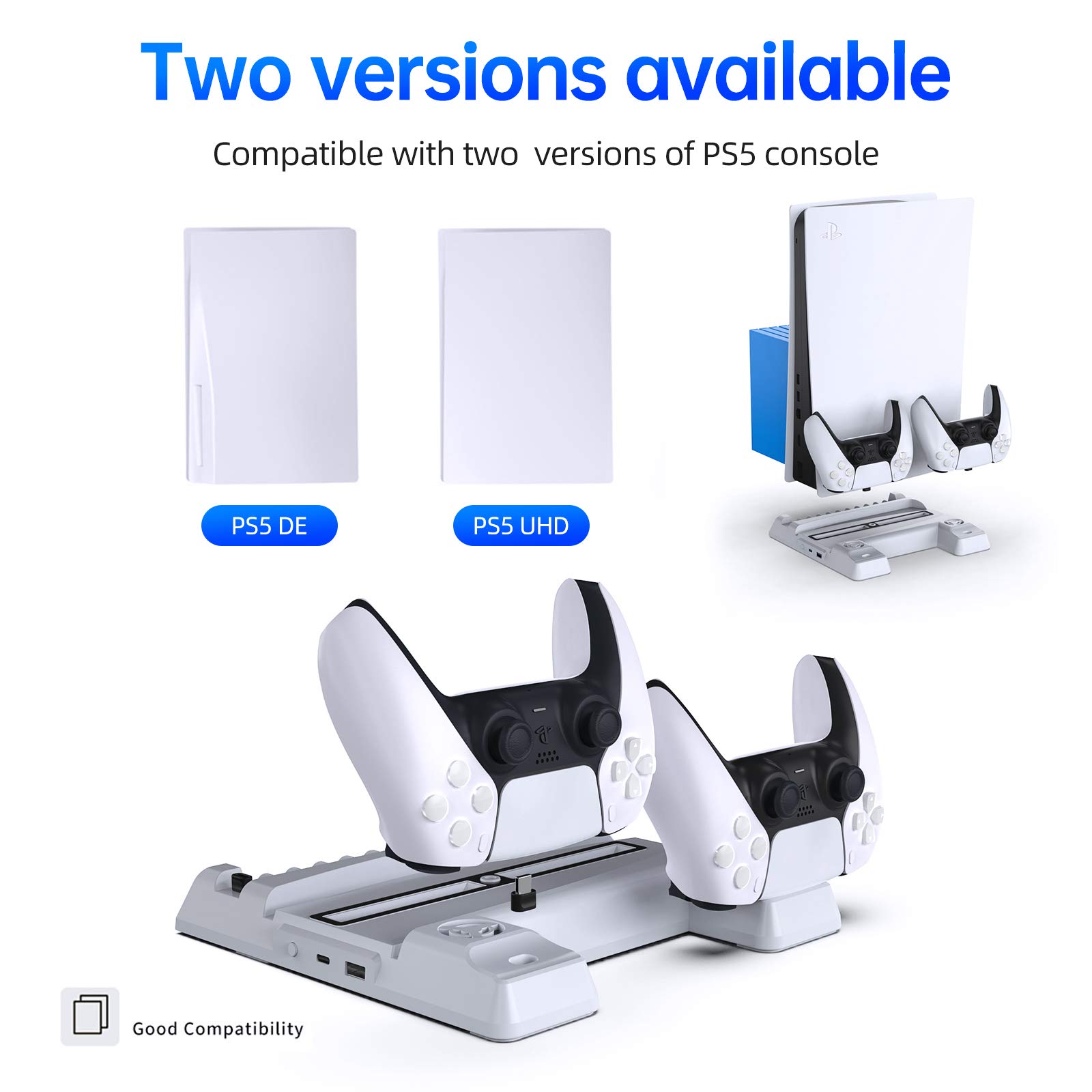 PS5 Stand with Suction Cooling Fan and Dual Controller Charger Station with Charging Dock Station and 12 Game Slots- 2 IN1 Cable Included