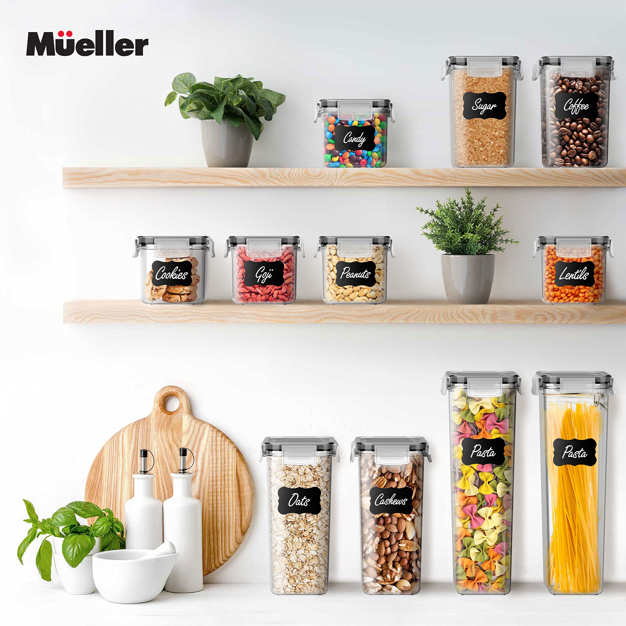 Mueller Airtight Food Storage Container Set with Lids – 24-Piece, Kitchen & Pantry Organization and Storage, Dishwasher, Freezer and Microwave Safe – 24 Labels, 4 Measuring Cups and Marker, Dark Grey