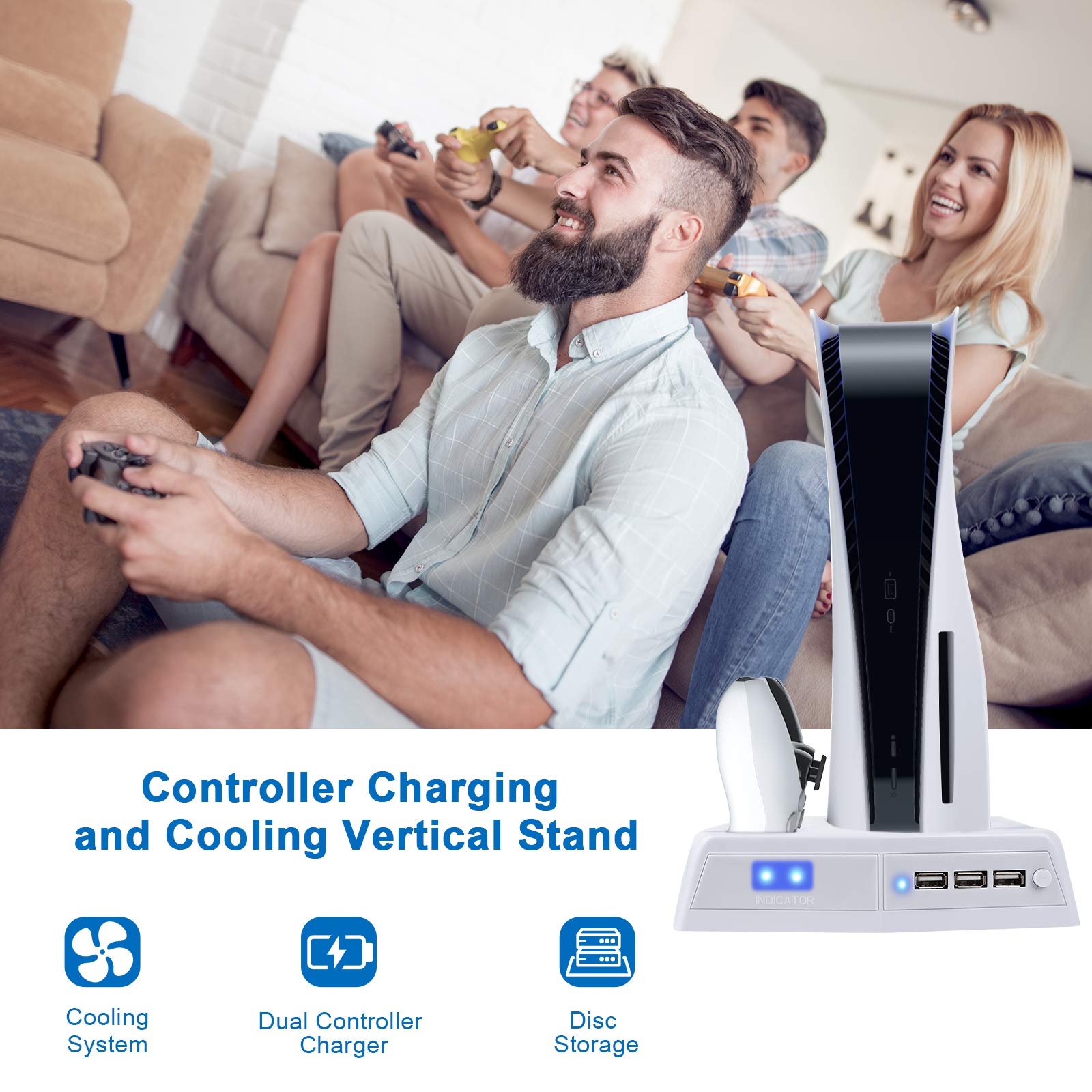 PS5 Vertical Stand with Cooling Fan for PS5 Digital Edition/Ultra HD Console, Samyoung Playstation 5 Accessories PS5 Controller Charging Station with 14 Game Slots - White