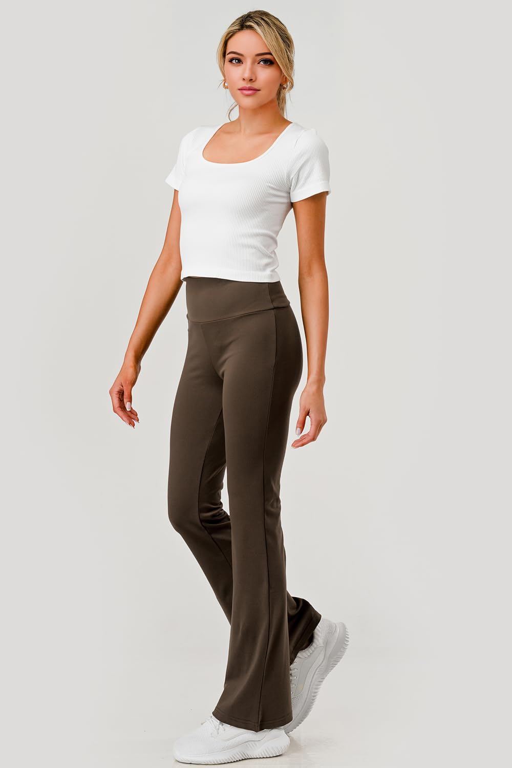 ShoSho Womens Crossover Waist Ribbed Knit Flare Pants High Waist Yoga Bell Bottoms Pants Solid Pink Small