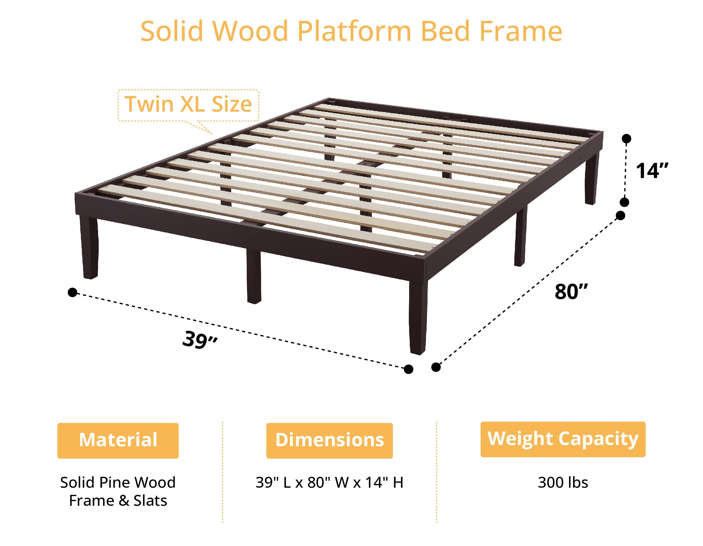 Naomi Home Lucia 14 Inch Solid Wood Platform Bed Twin XL Bed Frame, Pine Wood Twin XL Platform Bed Frame, No Squeak Bed Frame, Bed Frame Twin XL Size, No Box Spring Needed, Sturdy Bed Frame - Espresso