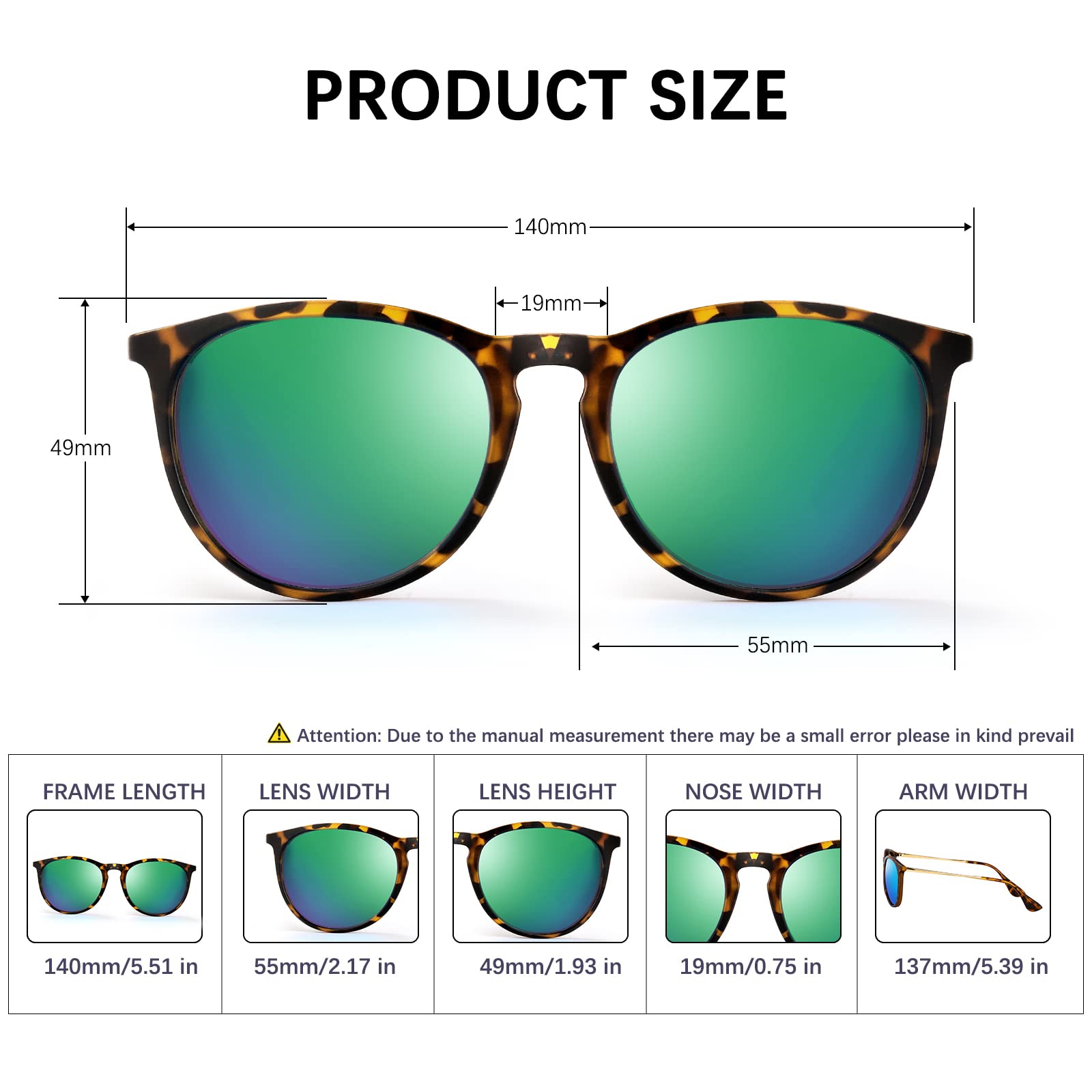 VIYSIOO Sunglasses for Women Men,Womens Vintage Trendy Round Classic Retro Mirrored Polarized Sun glasses, 55mm, 4171