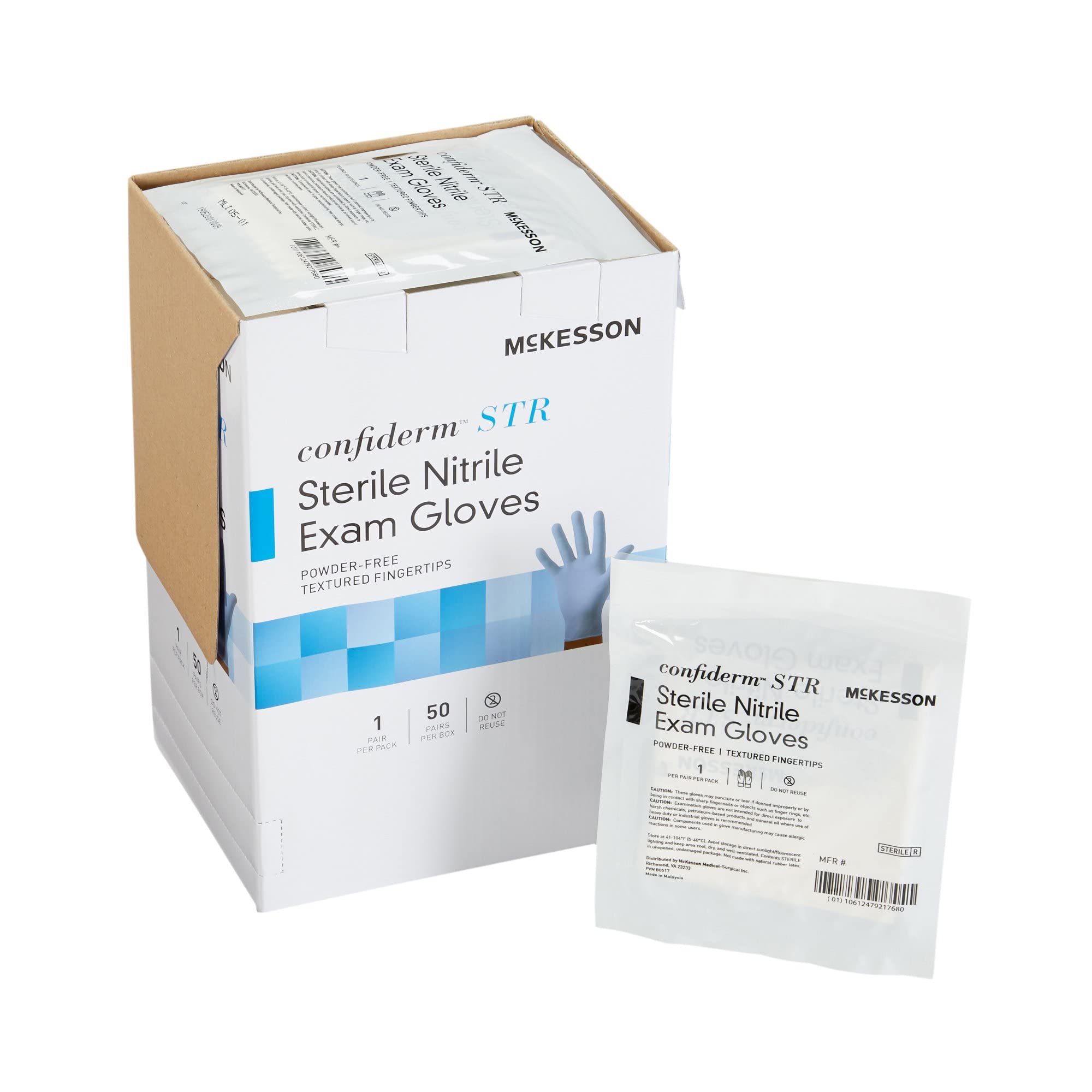 McKesson Confiderm STR Disposable Sterile Pair Nitrile Exam Glove Standard Cuff Length MEDIUM 14-6NSTR4 50 per Box