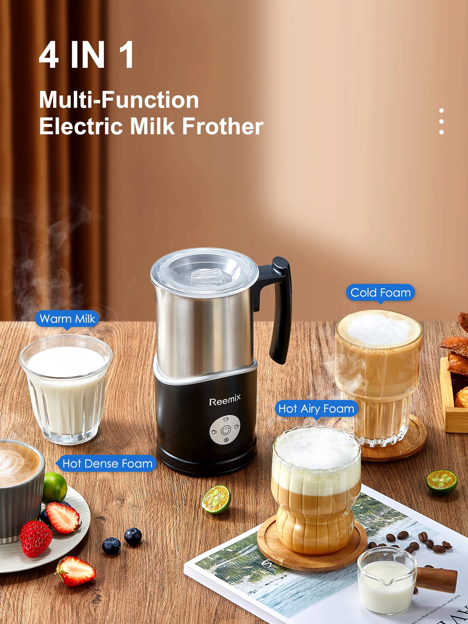 Milk Frother, Reemix 11.8oz Electric Milk Steamer Soft Foam Maker With Large Open,4 IN 1 Multifunction for Hot & Cold Froth, Automatic off & Easy Cleaning,Silent Operation (Silver)