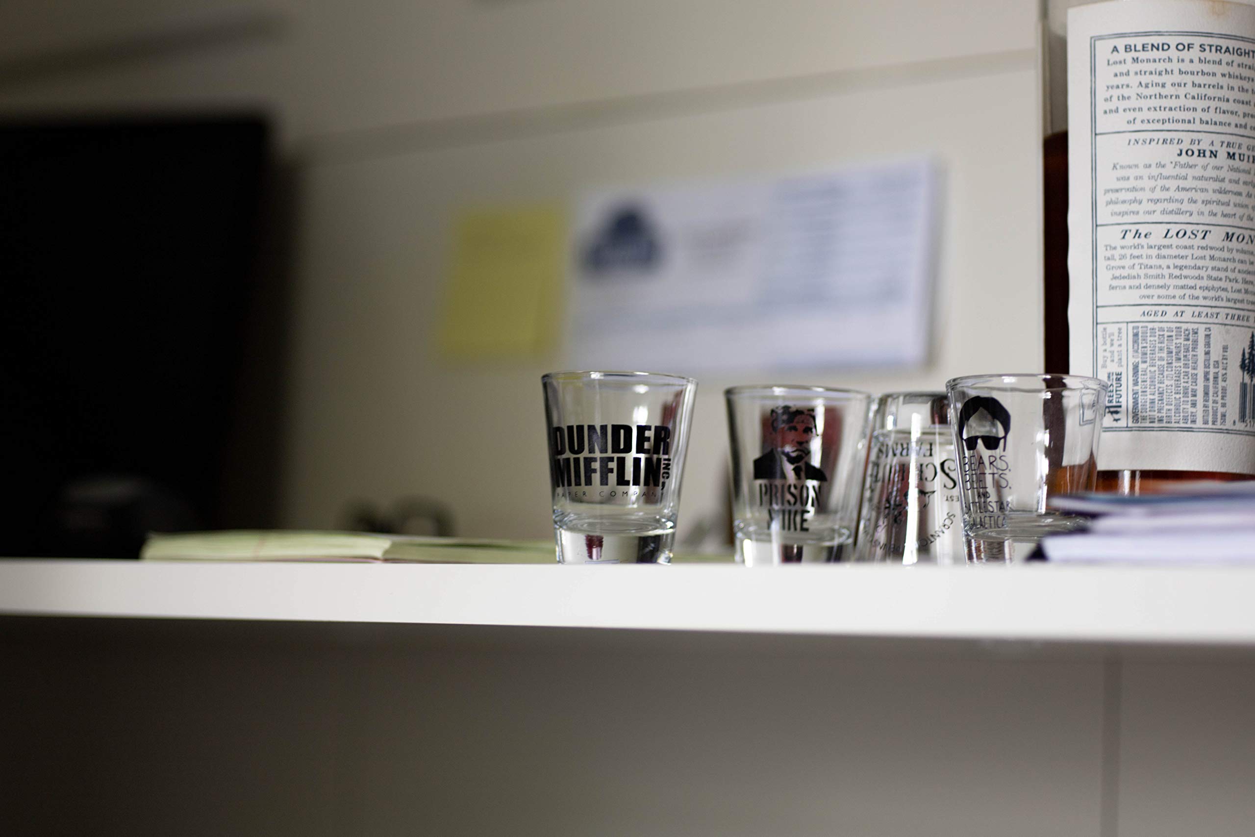 The Office 4 Piece Shot Glass Set (Dunder Mifflin, Prison Mike, Schrute Farms, and Bears, Beets, Battlestar Galactica))