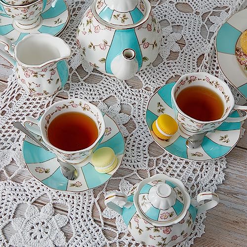 MOSTDEN Fine China 15-Piece Coffee Cup/Tea Cup Set,1 Teapot 1 Sugar Bowl 1 Cream Pitcher, 4 Cups And Saucers,4 Teaspoons Garden Series White-Blue (15 pack)