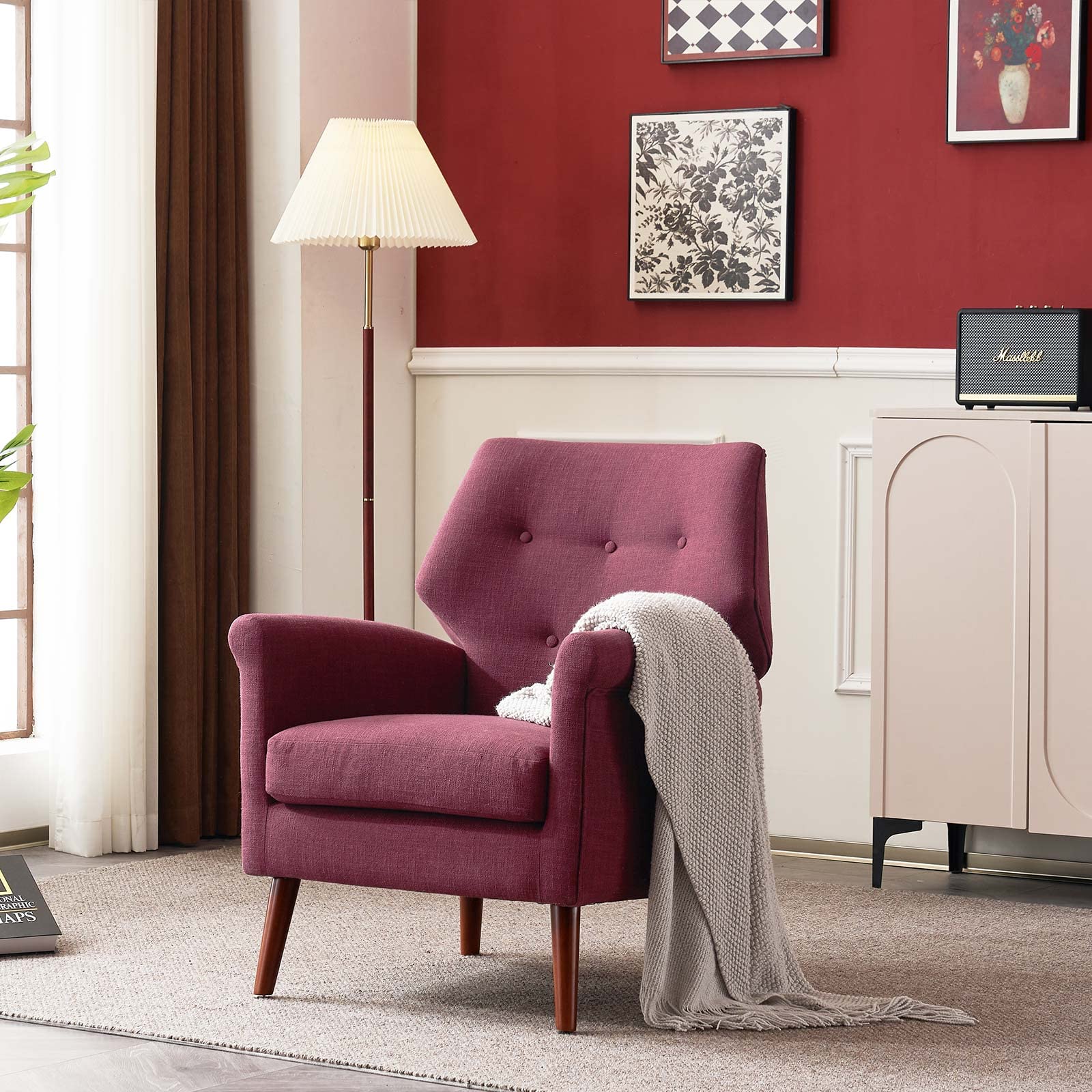 LOVSPATIO Mid-Century Modern Upholstered Button Tufted Sofa Chair,Accent Linen Fabric Armchair for Living Room,Bedroom,Office (Fuchsia)…