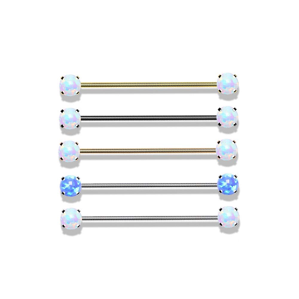 Pierced Owl 14G Stainless Steel Threadless Push-in Prong Synthetic Opal Industrial Barbell (Silver Tone/White Opal)