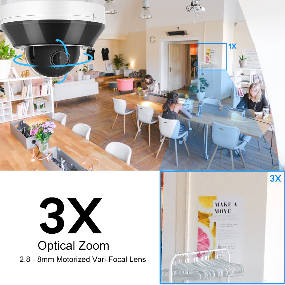 VIKYLIN 6MP Mini PTZ PoE IP Dome Camera with Pan/Tilt 3X Optical Zoom 2.8-8mm, Built-in Mic, Human/Vehicle Detection, 98ft IR Night Vision, IP67 Waterproof Indoor Outdoor Security Camera