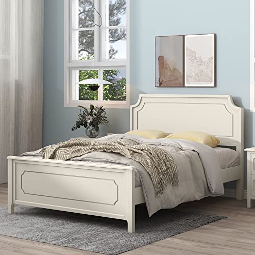 Milky White Solid Bed Frame, Rubber Wood Platform Bed, Queen, 83.90 * 62.00 * 46.50"