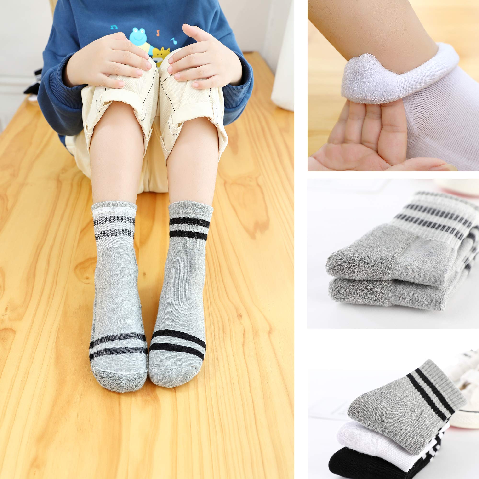 Oohmy Boys Girls Athletic Ankle Socks 8 Packs Terry-loop Cushion Warm Autumn Winter Combed Cotton Socks Shoe 6-9 Typical Age 3-7 yrs old (BLACK+GRAY, Medium)