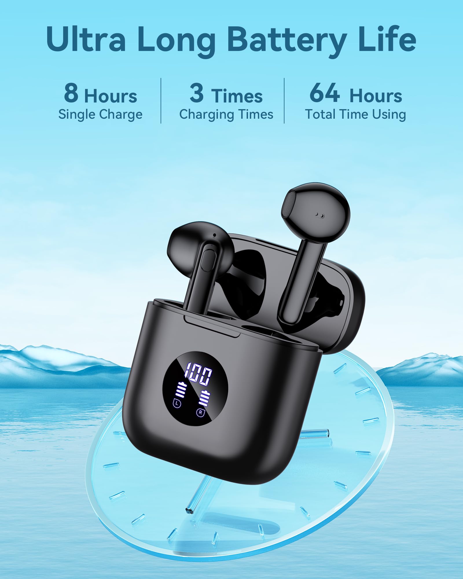 occiam Wireless Earbuds with Bluetooth 5.3, 64Hrs Playback, Bass Sound, Waterproof, Wireless Charging Case, LED Display - For Sport, Phone, Laptop