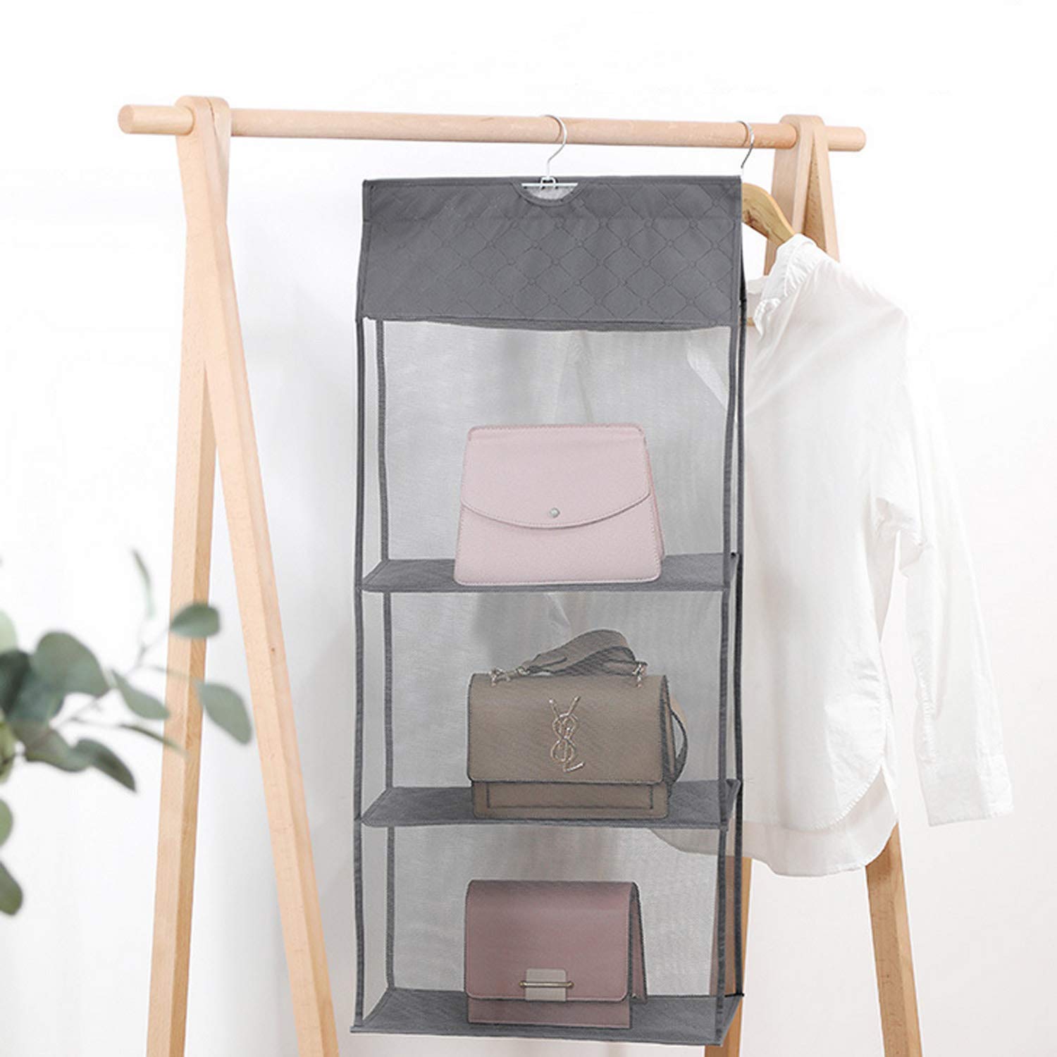 Ocean's Shop Hanging Handbag Organizer, Foldable Dust Cover Wardrobe Closet Organizer Hanging Purse Storage Holder for Space Saving (Beige, 4 Shelves)