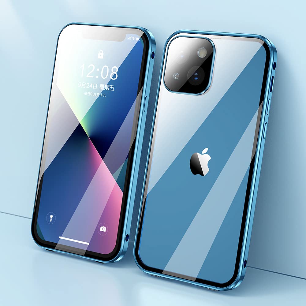 SXLYFD Double Sided BucKle iPhone Case 13 Pro Max, with Camera Cover Clear and Built in Screen Protector, Two Sided Tempered Glass Full Body Protection Metal Bumper Case,BlacK