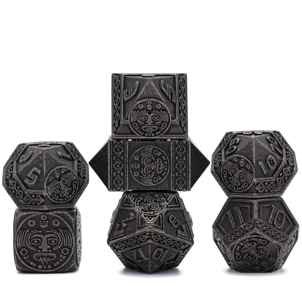 YEMFIRE Original Mayan Dice,7 PCS Solid Metal Dice for Role-Playing Game D&D,Polyhedral RPG Dice Set for Board Game MTG D20 Dice (Rolled Nickel Plating)