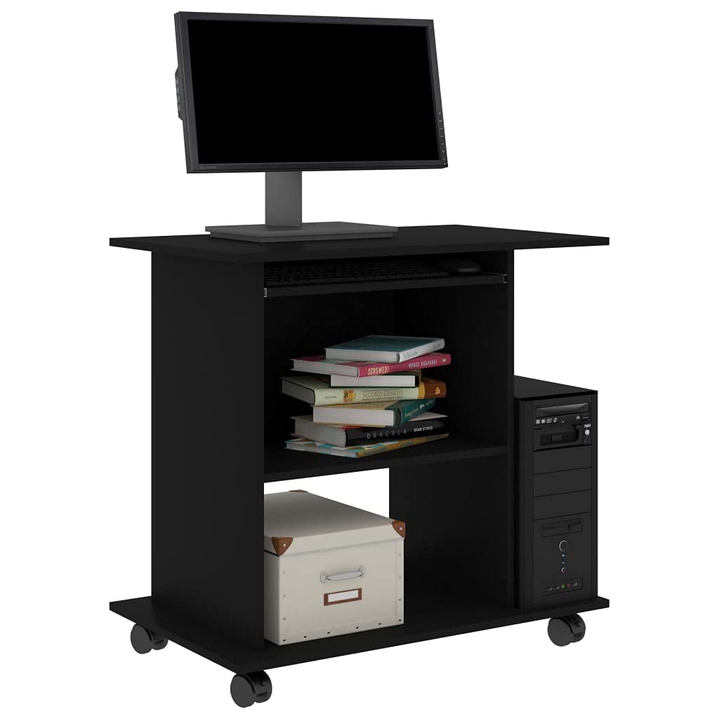 Modern Computer Desk,Small PC Laptop Table Writing Desk,31.5" Inch Mobile Rolling Portable Student Desk,with Smooth Keyboard Tray,Wheels and Bottom Shelves for Home Office Workstation,Black