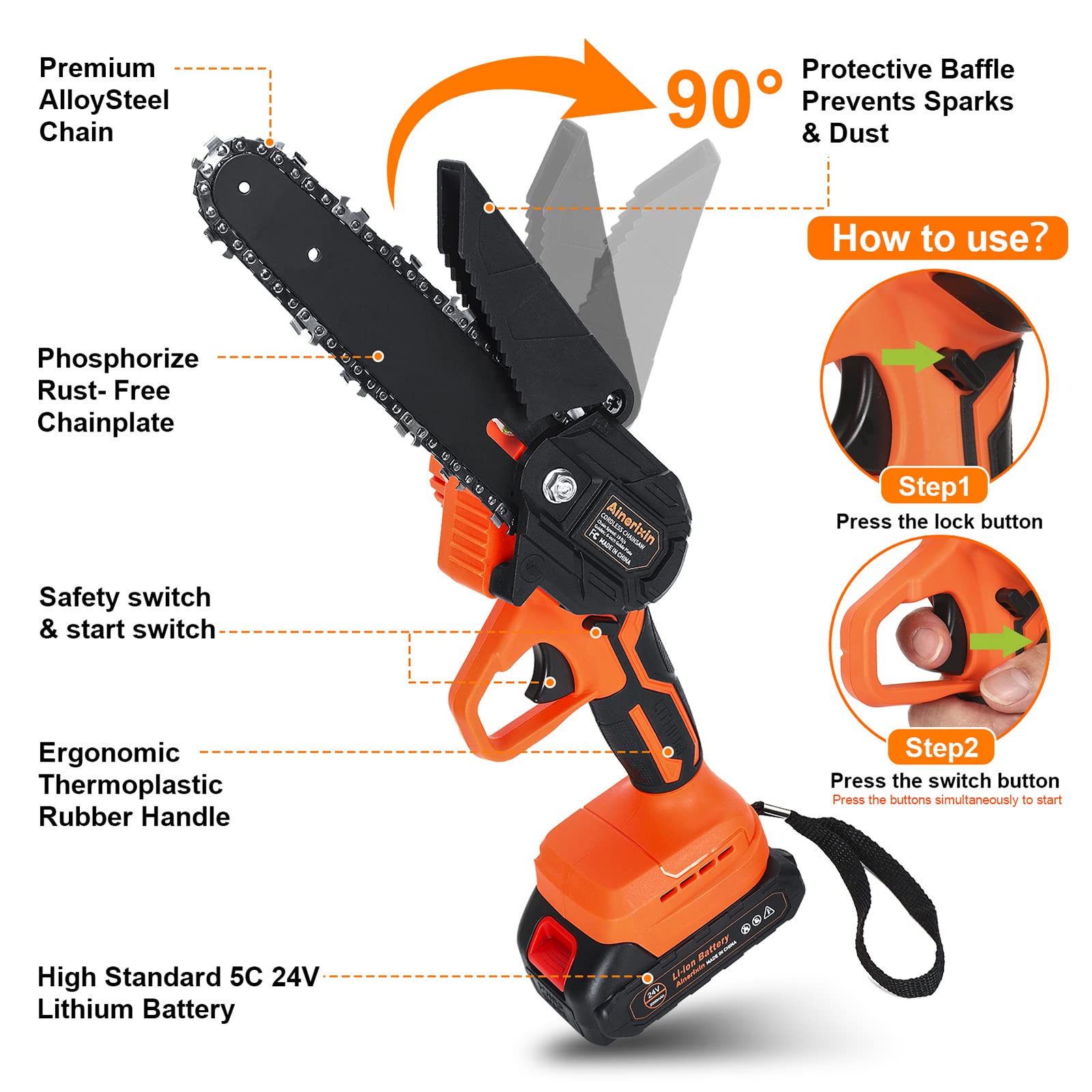 Mini Chainsaw,【UPGRADE 2022】Ainerixin 6-Inch Brushless electric Chainsaw with 2Pcs 24V 2.0Ah Batteries, 1.8Lb One-Hand Handheld battery chainsaw for Tree Trimming and Branch Pruning Wood Cutting