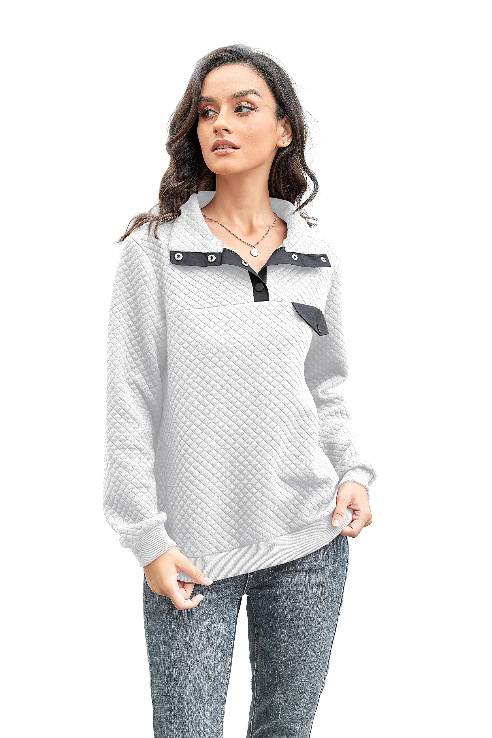 TASAMO Women Fashion Long Sleeve Plain Casual Ladies Sweatshirts Pullovers Button Down Shirts Tops (Large, White)