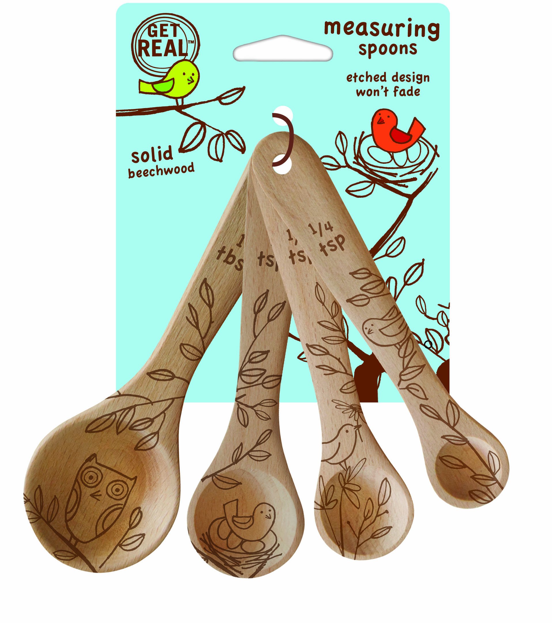Talisman Designs Laser Etched Beechwood Measuring Spoons | Set of 4 | Nature Design | Natural Wooden Measuring Spoons Set | Cute & Functional Kitchen Tools