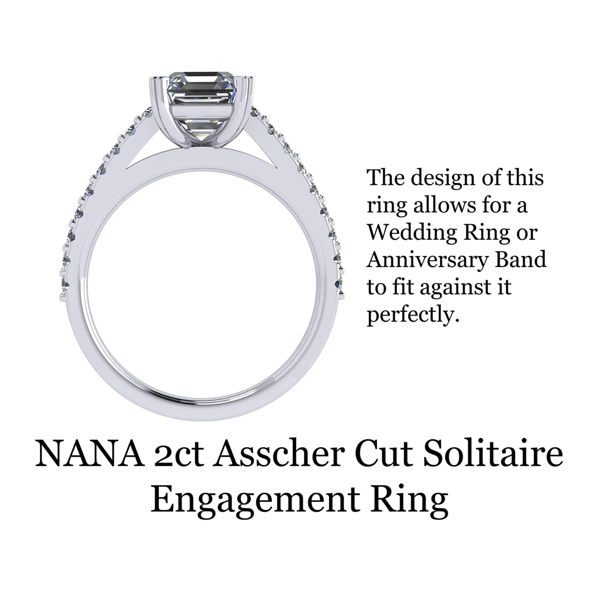 NANA Jewels Womens 2.00ct Asscher Cut Cathedral Solitaire Engagement Ring, Rhodium-Plated-Silver, Size 7