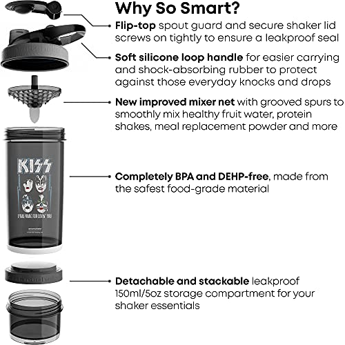 Smartshake Revive KISS Shaker Bottles for Protein Mixes 25 oz – Shaker Cup Workout Smart Shaker Bottles With Storage for Powder + Protein Shakes, Rock Band Collection