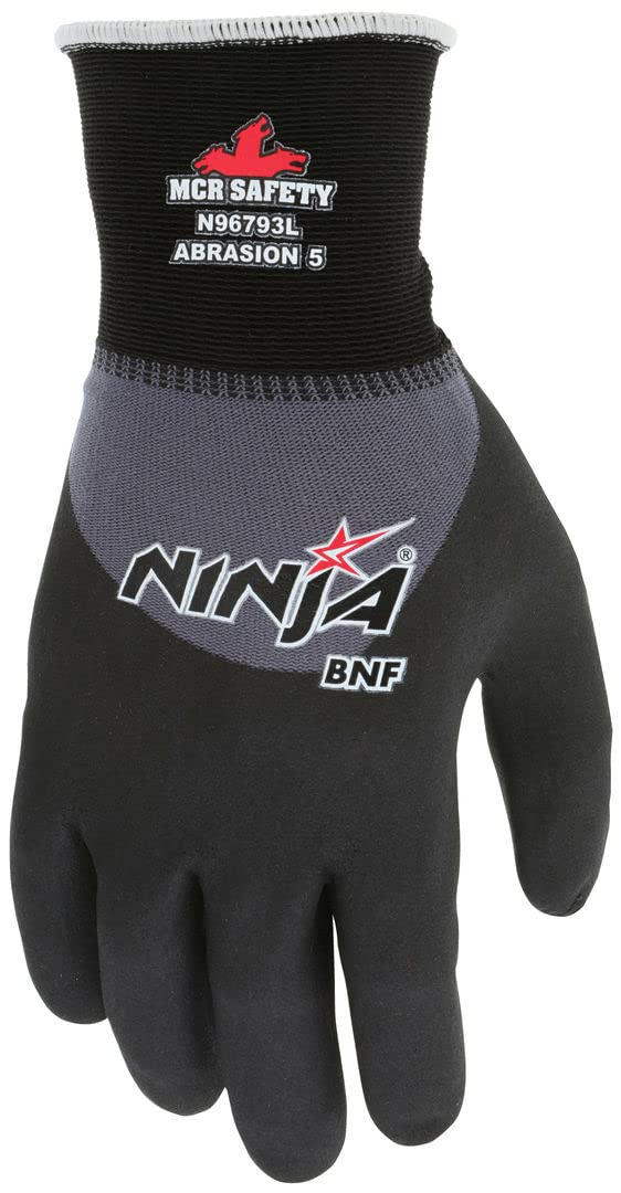 MCR Safety Gloves N96793L Ninja BNF Work Gloves 15 Gauge Nylon/Spandex Shell with NFT Coated Over the Knuckle Palm, Large,Black