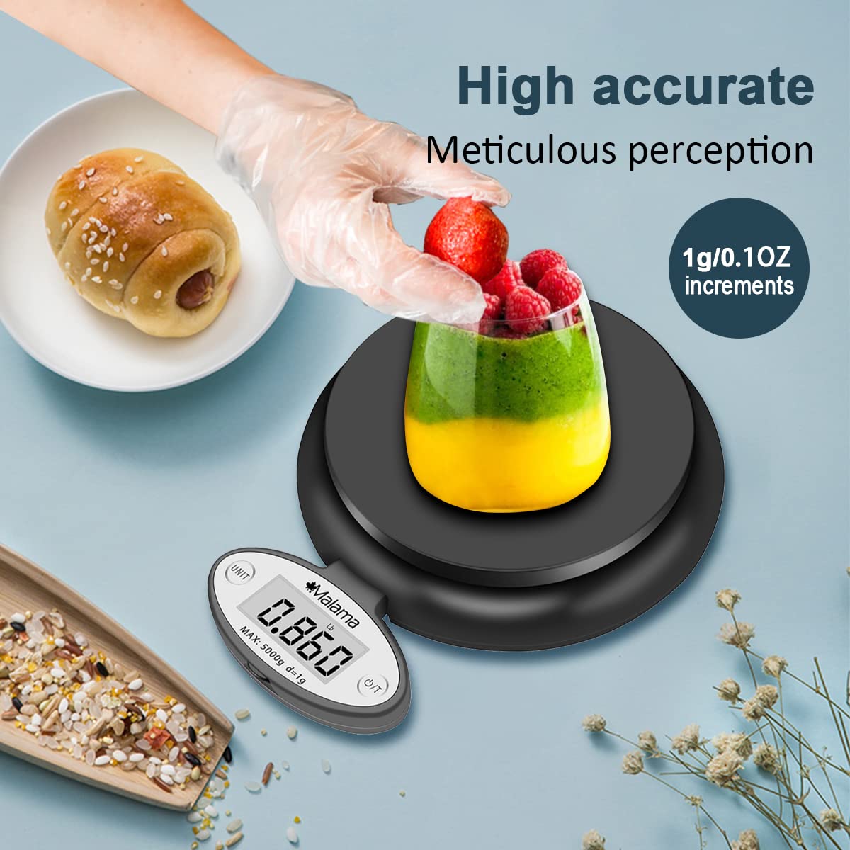 Malama Kitchen Scale Foldable, Small Food Scale for Cooking, Multifunctional Office Accurate Weighing Scale with 0.1oz/1g Increment, 11lb/5kg Capacity, Black (Batteries Included)