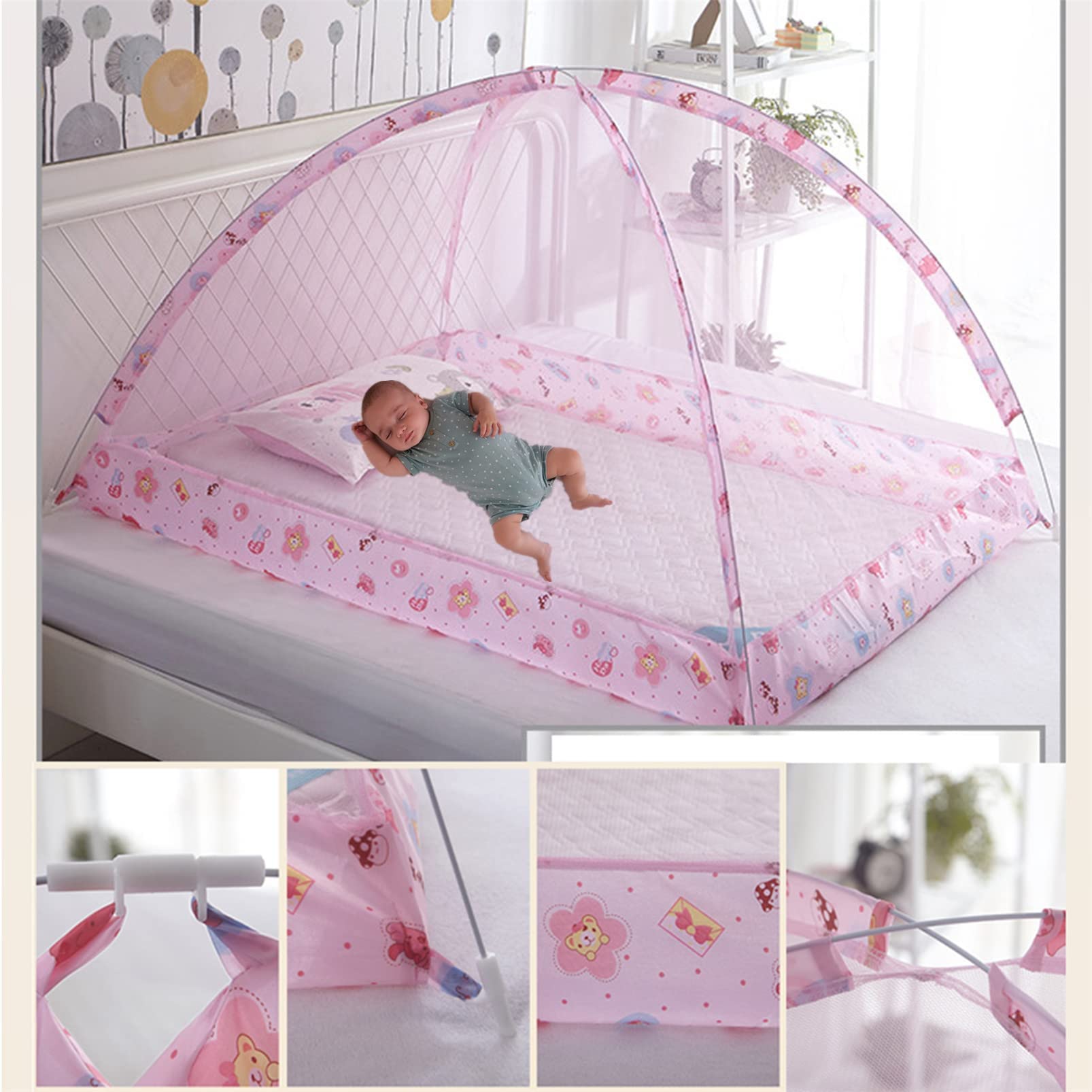 ZOBRO Mosquito Net Bed Canopy Pop Up Foldable Single Door with Bracket Umbrella Cover and Cartoon Pattern Bottomless Mosquito Net for Baby Kid Children,Pink