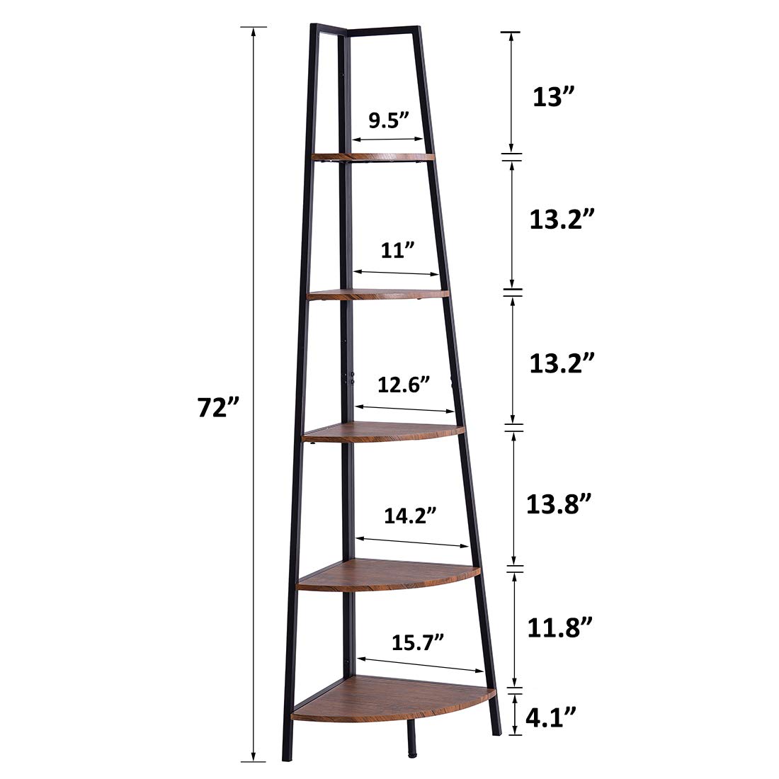 O&K FURNITURE Industrial Tall Corner Bookshelf, 5 Tier Corner Display Unit Shelves, Brown Finish