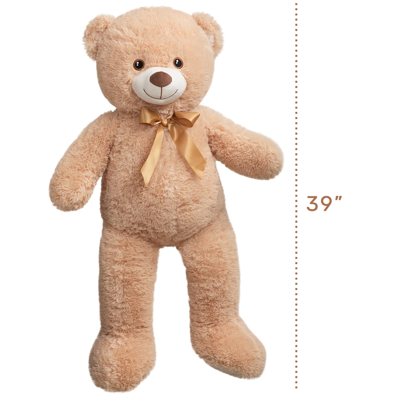 WENMOTDY Giant Teddy Bear Stuffed Animal Huge Teddy Bear Plush with Ribbon Cuddly Toy Gift for Kids Girlfriend, Tan, 39ββ