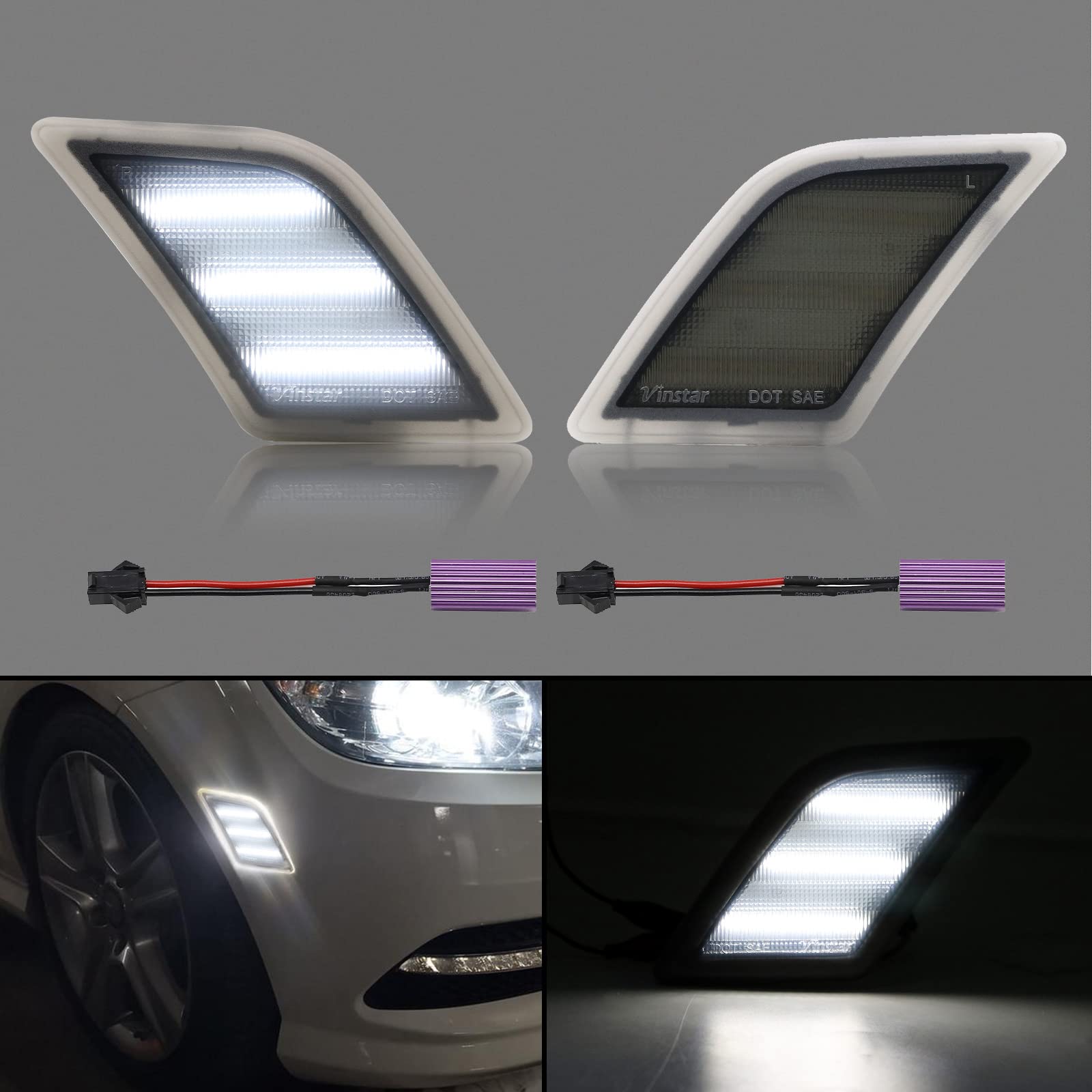 Smoked Lens White LED Front Bumper Side Marker Light Kit Compatible with 2008-2011 W204 C-Class C250 C300 C350 & 2008-2013 C63 AMG, Replace OEM Amber Sidemarker Lamps