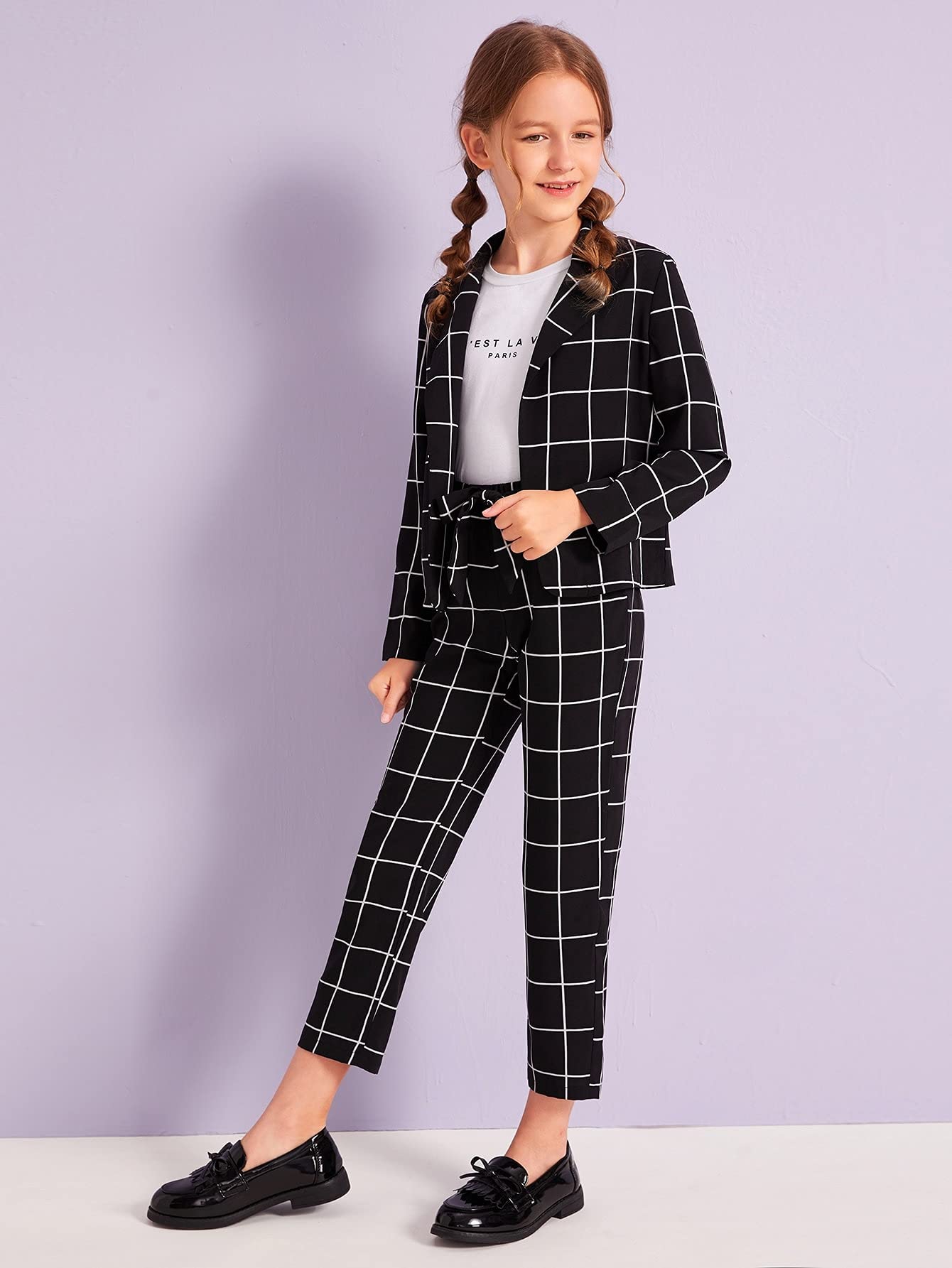 Milumia Girl's Two Piece Outfit Plaid Open Front Blazer and Pants Set Black 9 Years