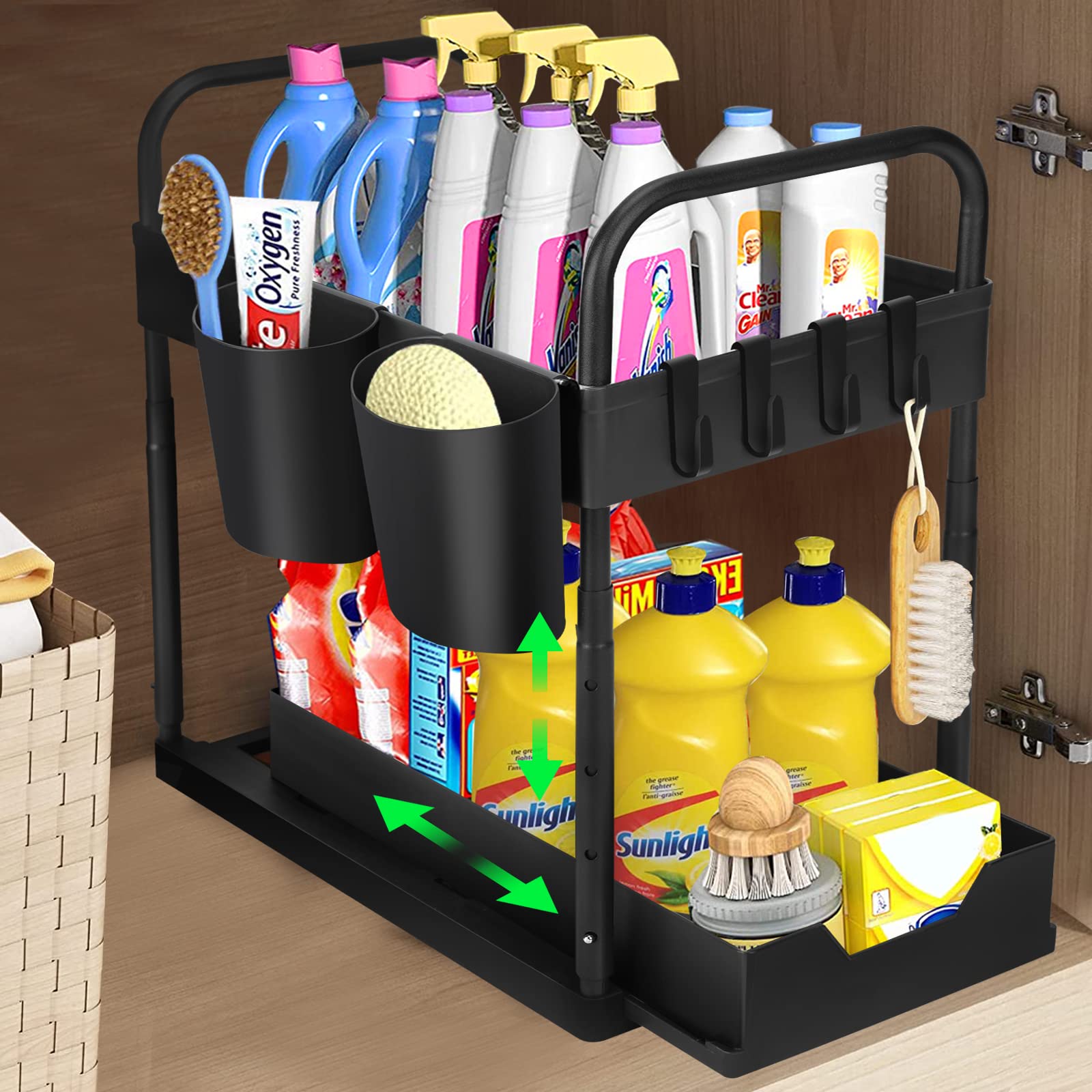 Under Sink Organizers and Storage, Adjustable Height Sliding Under Bathroom Cabinet Storage Organizer, 2 Tier Under Kitchen Sink Organizer with 4 Hooks, 4 Hanging Cup for Bathroom, Kitchen (Black)