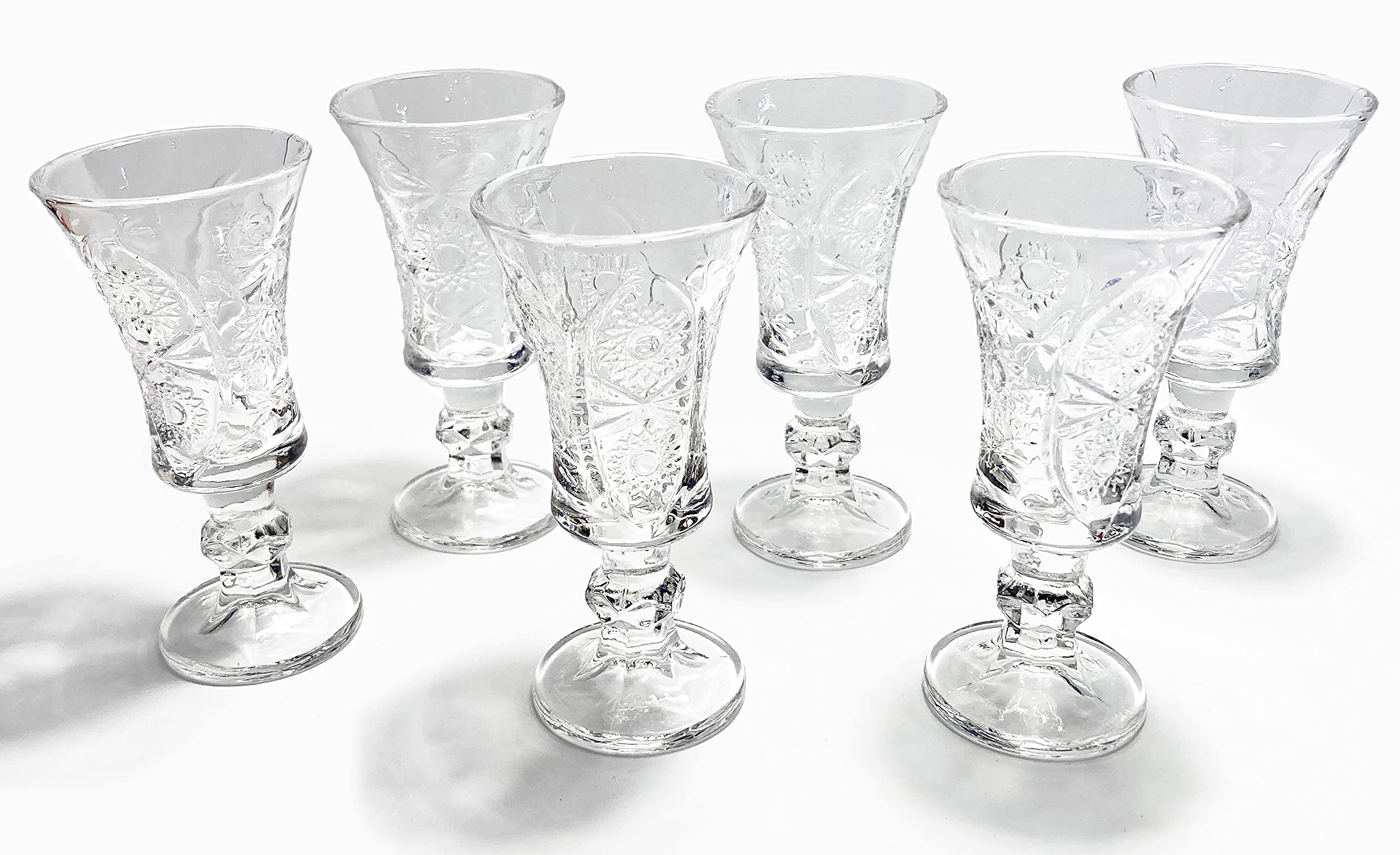 Shot Glass Vintage Embossed Sunflower Design Pressed Clear Glass Mini 1.3 Ounce Goblets Made of Lead-free Borosilicate Glass Set of Six Perfect for Serving Your Favorite Cordial or Apres Dinner Drink