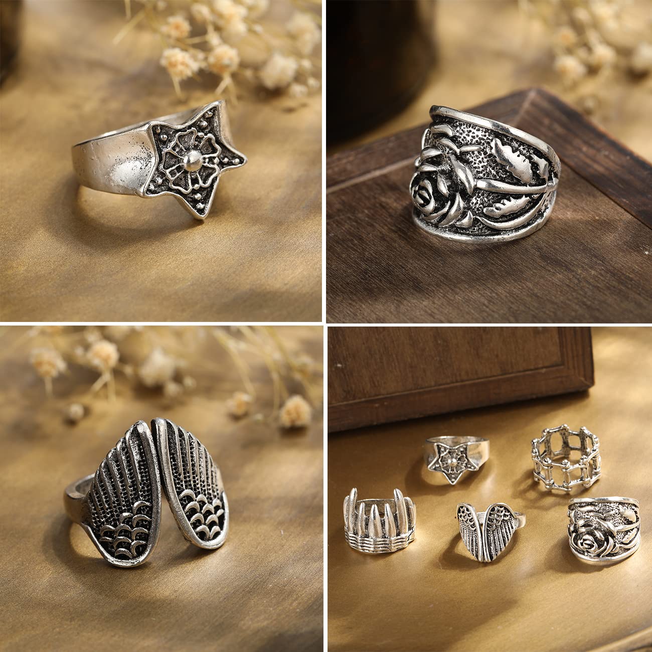 Silver Goth Punk Rings Set for Men Girls Women, Cool Gothic Ring Pack, Vintage Stackable Animal Rings Bulk, Boho Chunky Knuckle Emo Rings, Open Snake Butterfly Ace Eboy Y2K Accessories (31 pcs)