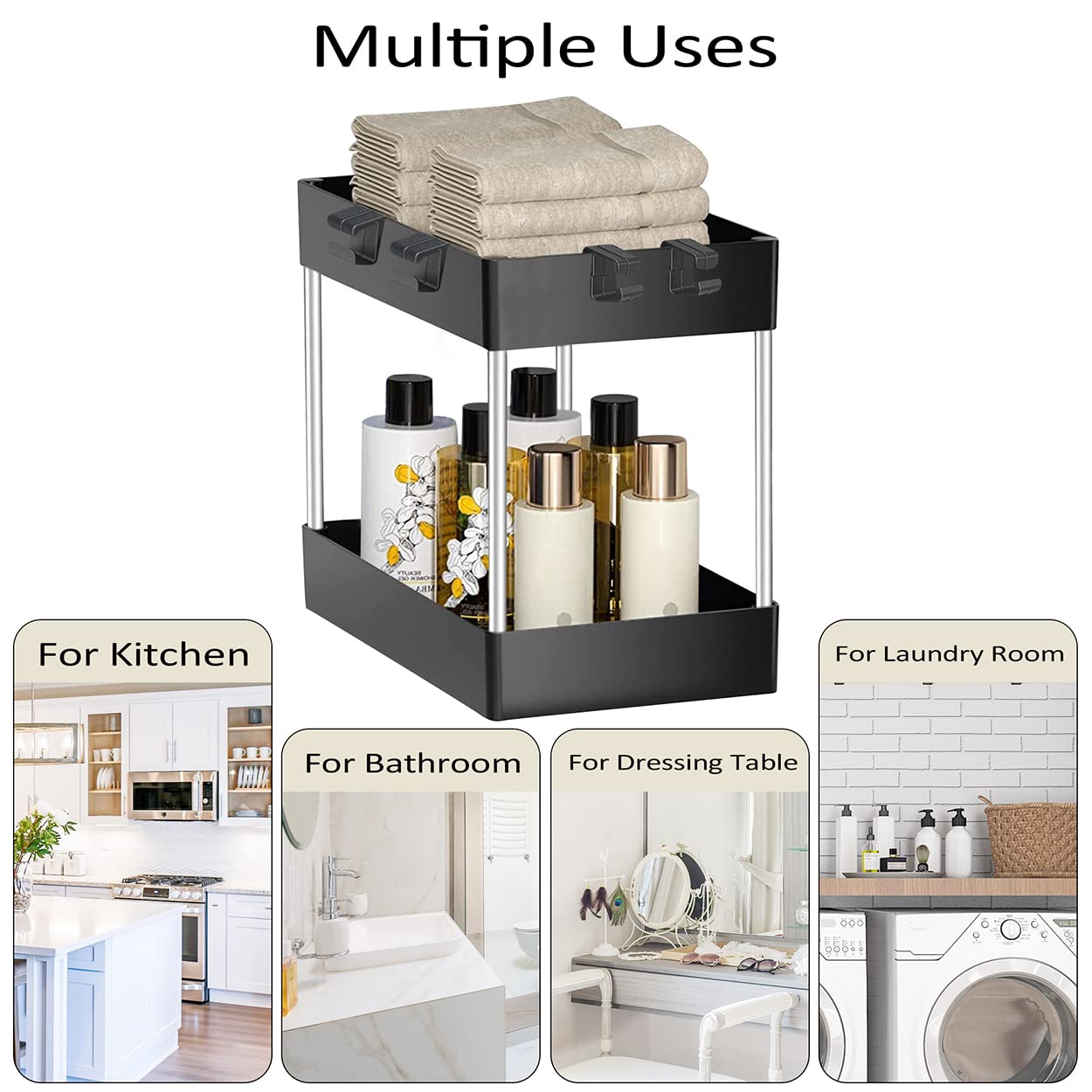 Under Sink Organizers and Storage, 2 Tier Storage Under Cabinet Bathroom Kitchen Organization and Storage with 4 Hooks, Multi-Purpose Under Sink Storage for Bathroom Kitchen, Black