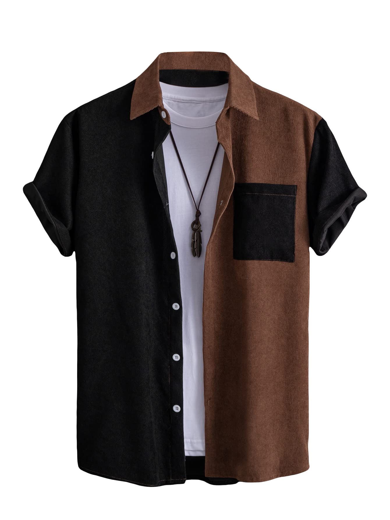 Milumia Men's Casual Button Up Shirt Pocket Short Sleeve Colorblock Blouse Tops Black and Brown Large