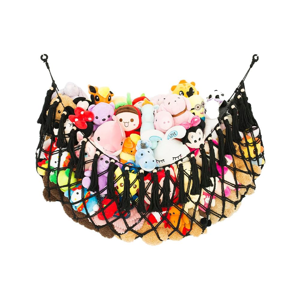 QYLYHZY Stuffed Animal Hammock Macrame Boho Plush Jumbo Doll Toy Net Hammock for Pet Net Corner Hanging Storage Holder Teddy Bear Organizer for Kids Bedroom Decoration (Black)