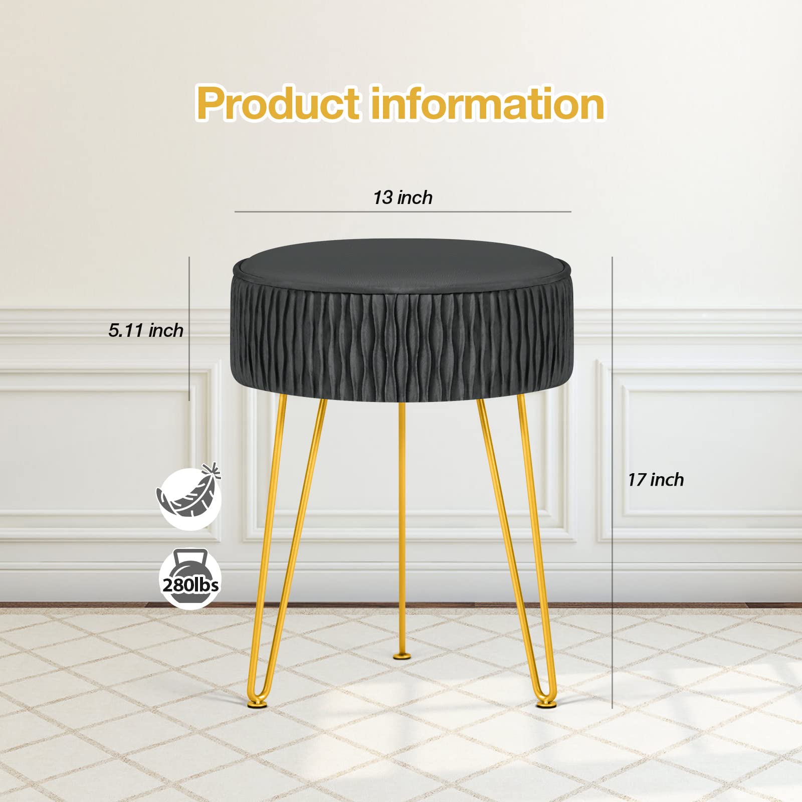 MOOWIND Vanity Stool for Makeup Room Bedroom, Modern Multifunctional Vanity Stools Chair Round Ottoman Velvet Upholstered Seated Foot Rest Dressing Stool with Golden Leg, Side Table End Table,Black