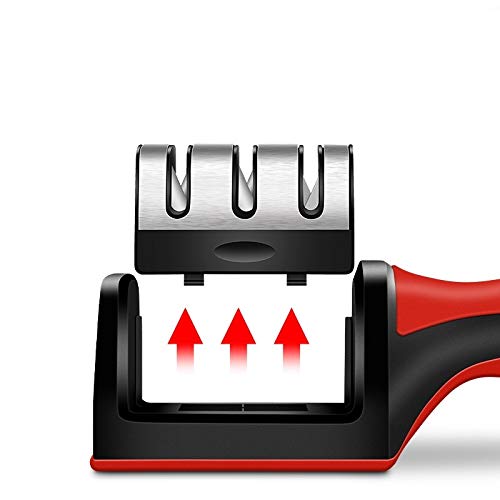 Professional knife sharpener, manual three-level professional kitchen knife sharpener, the best straight edge knife sharpener, easy to use, sharp, quick repair, red and black combined