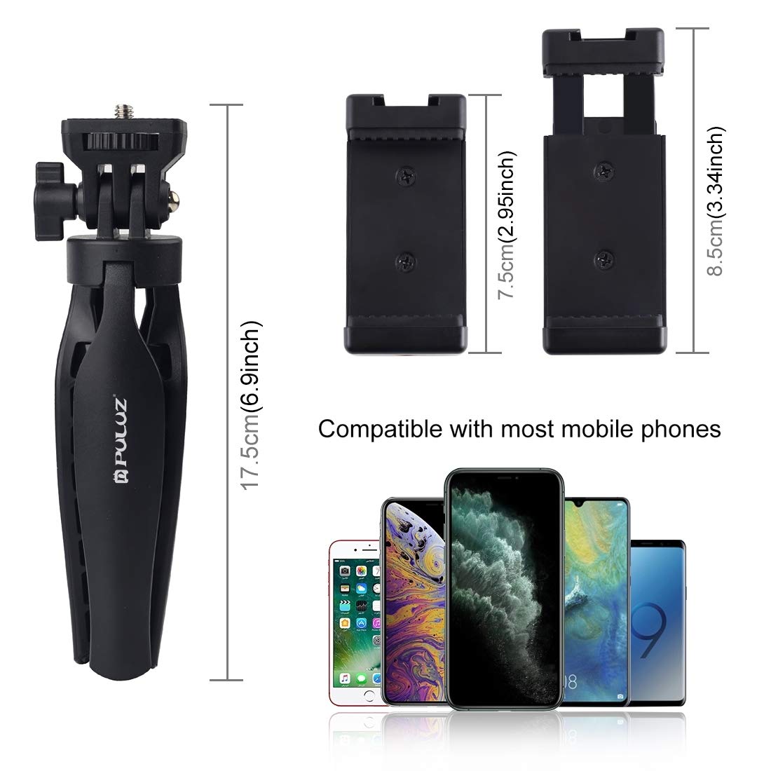 PULUZ Cell Phone Tipod Monunt Holder Bracket Desk Plastic Tripod Mount with Phone Clamp & Adjusting Tripod Head for Actions Camera Smartphone Mini Tripod Stand