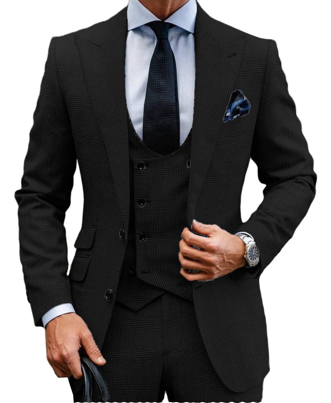 MoranX Casual Men's Suits Regular Fit 3 Piece Double Breasted Wool Plaid Tuxedos Business Blazer+Vest+Pants WeddingâŚ(Gray,46R)
