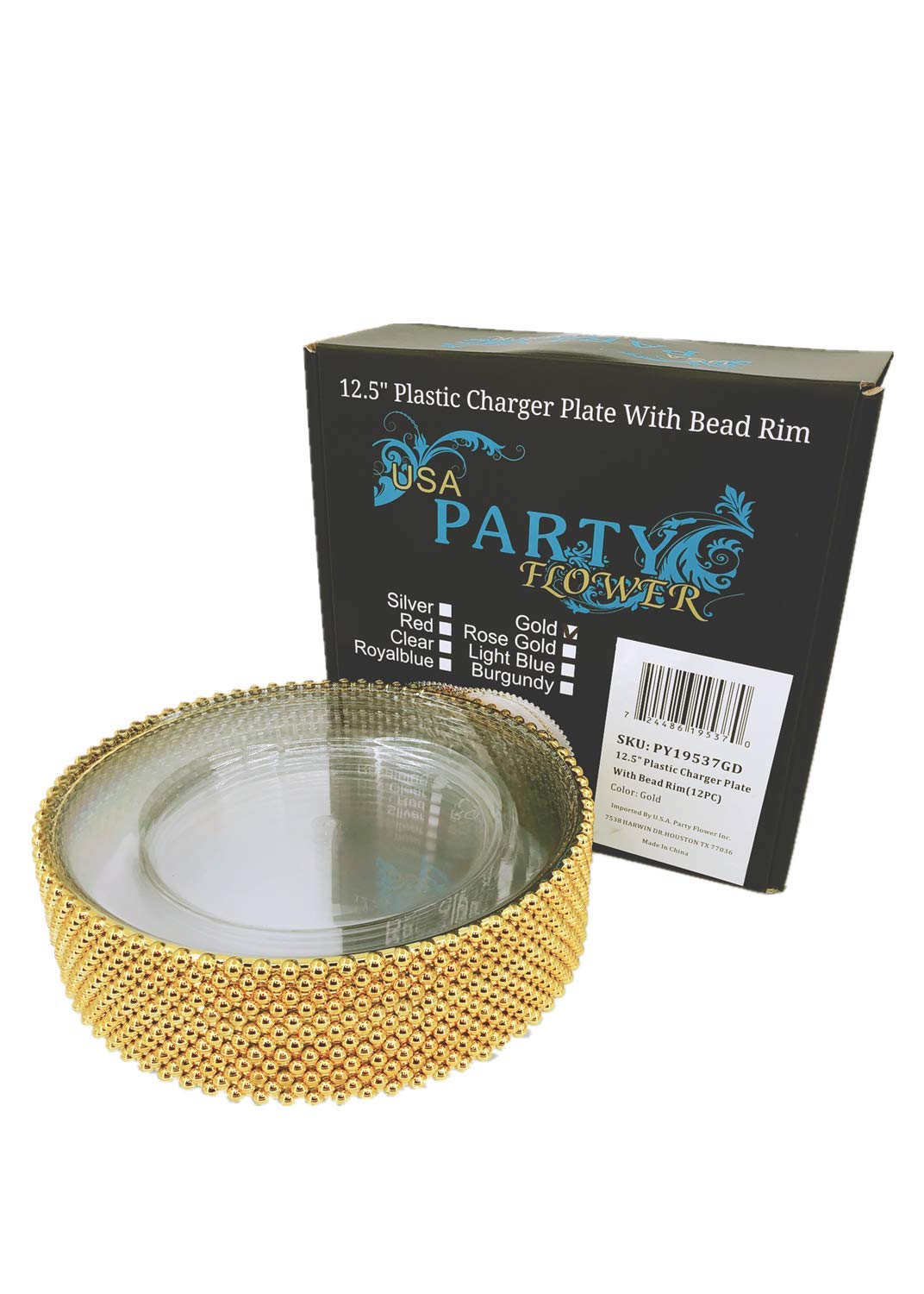 USA Party Flower Elegant Clear Acrylic(Plastic) Charger Plate with Bead Rim, Set of 12 (12.5 inch) (Gold)