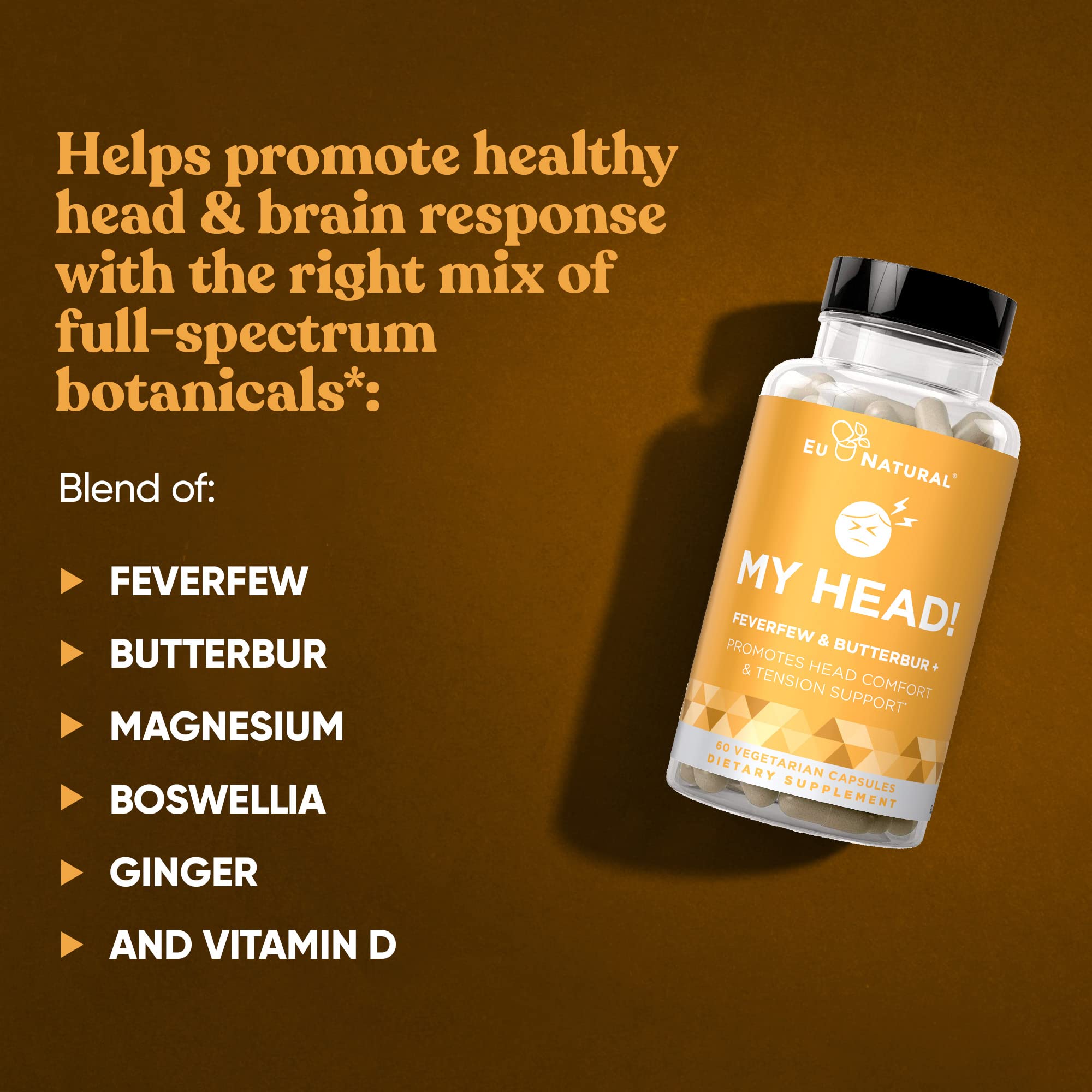 My Head! Headache Vitamins β Sensitivity, Tension, Comfort, Healthy Head Function for A Clear Mind β Fast acting Magnesium, Butterbur, Feverfew, Boswellia, Vitamin D, Ginger, & More β 60 Soft Capsules