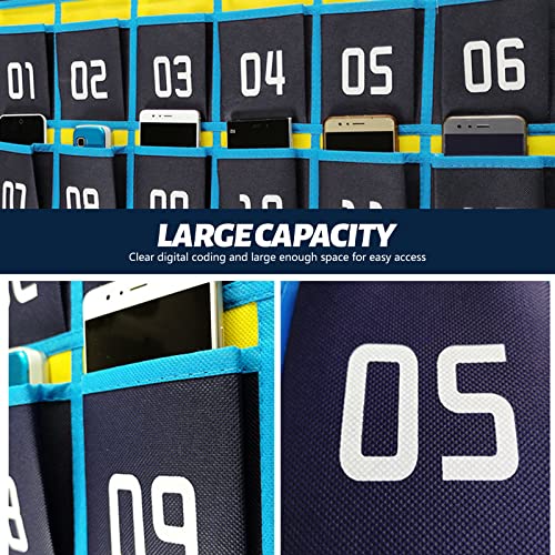 Numbered Hanging Pocket Chart, Classroom Mobile Phone Bag Digital Pocket, Wall Door Hanging Organizer for Teacher Student Hanging Cards Cell Phones Sundries (Dark Blue, 60 Pockets)
