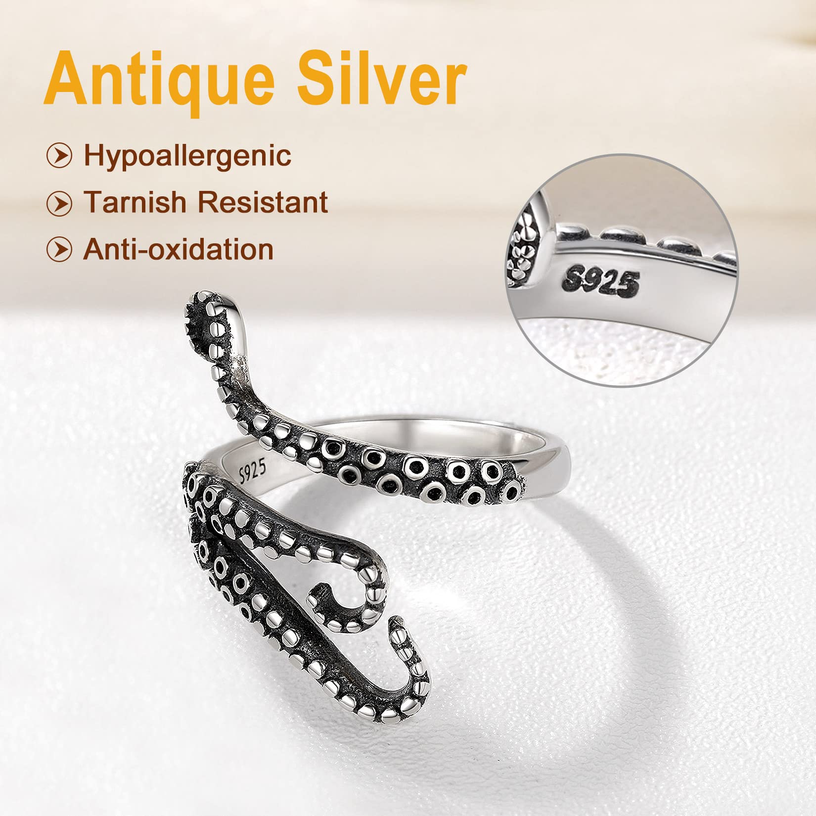 SILVERCUTE Silver Octopus Ring Personalized Punk Tentacle Band Statement Animal Ring Kraken Ring Pirate Rings for Men Women