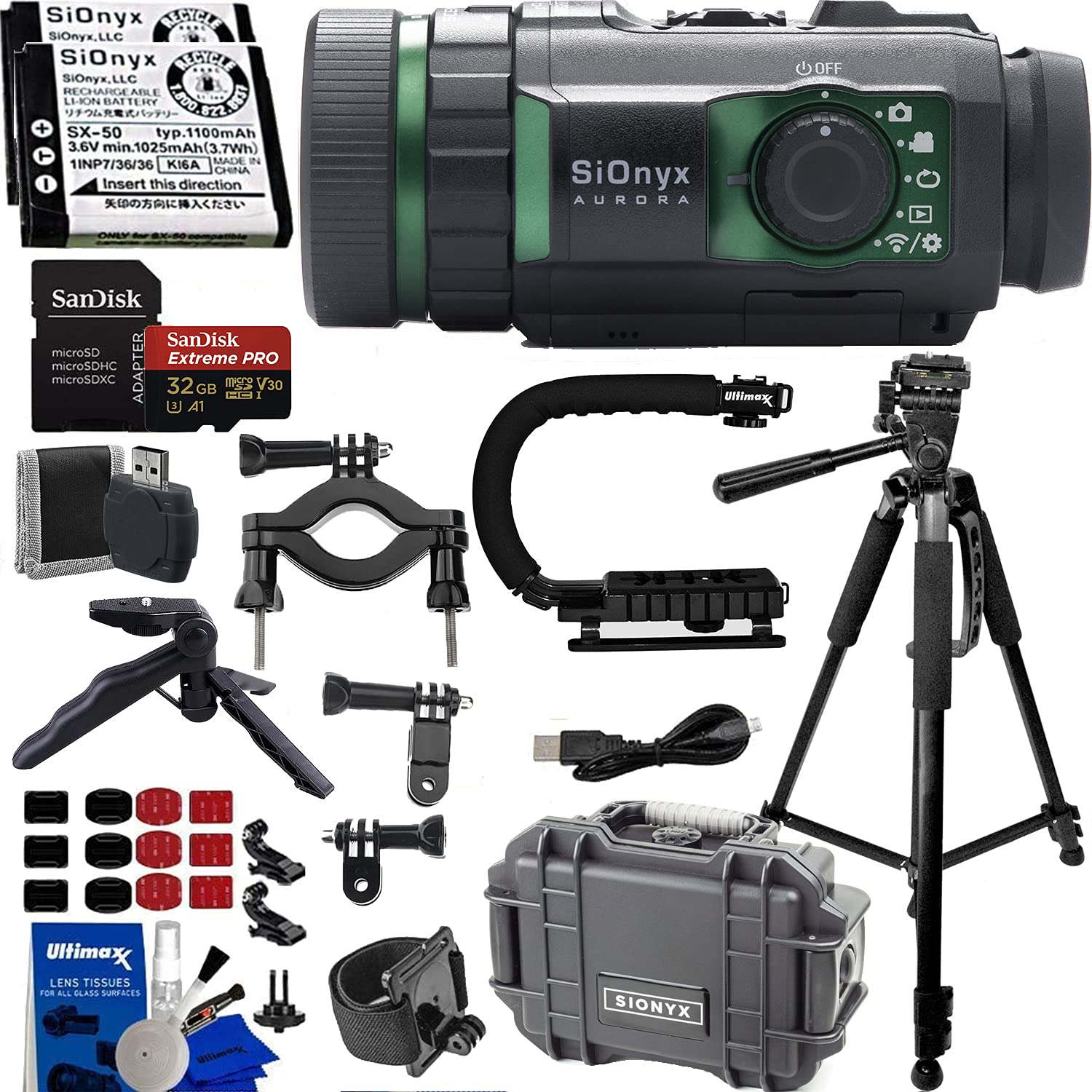 SiOnyx Aurora IR Night Vision Camera with Advanced Action Bundle: Includes - SanDisk Extreme PRO 32GB microSDHC Memory Card with Adapter, Scorpion Action Grip, and Much More