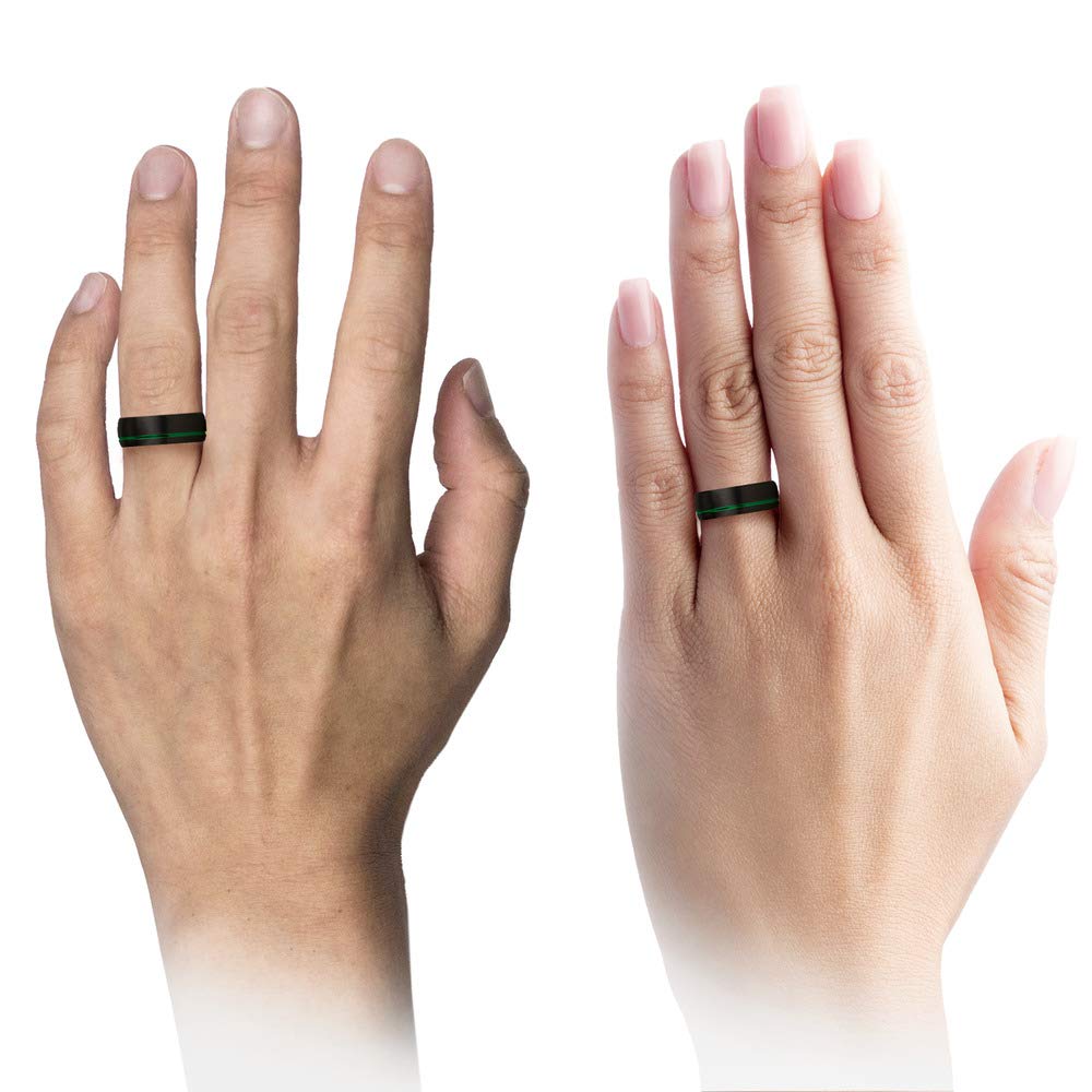 P. Manoukian Tungsten Carbide Wedding Band Ring 8mm for Men Women Green Interior with Green Offset Line Dome Black Brushed Polished Comfort Fit Anniversary Size 9.5